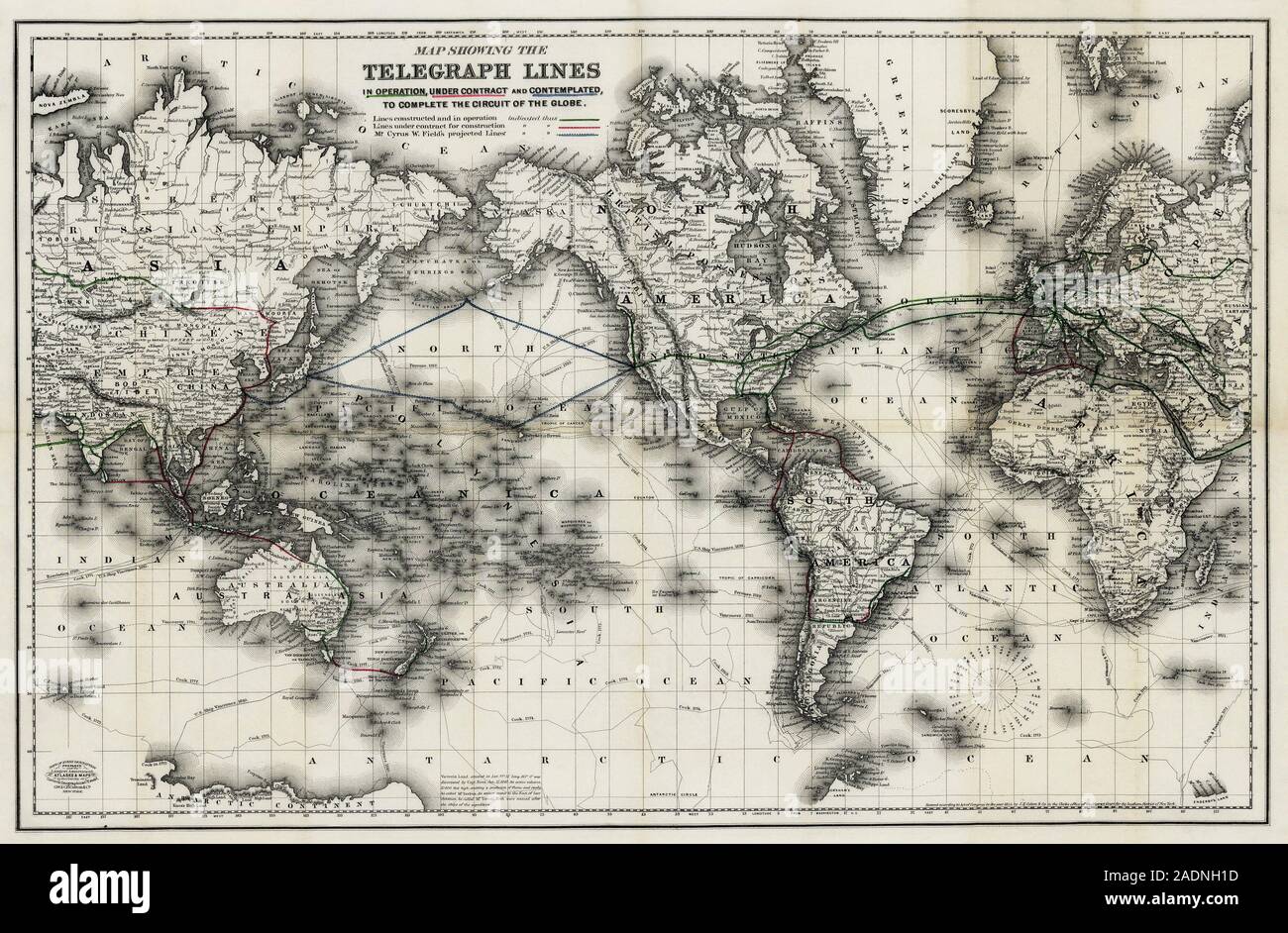 Mid 19th Century global telegraph lines. Map of the world with coloured ...