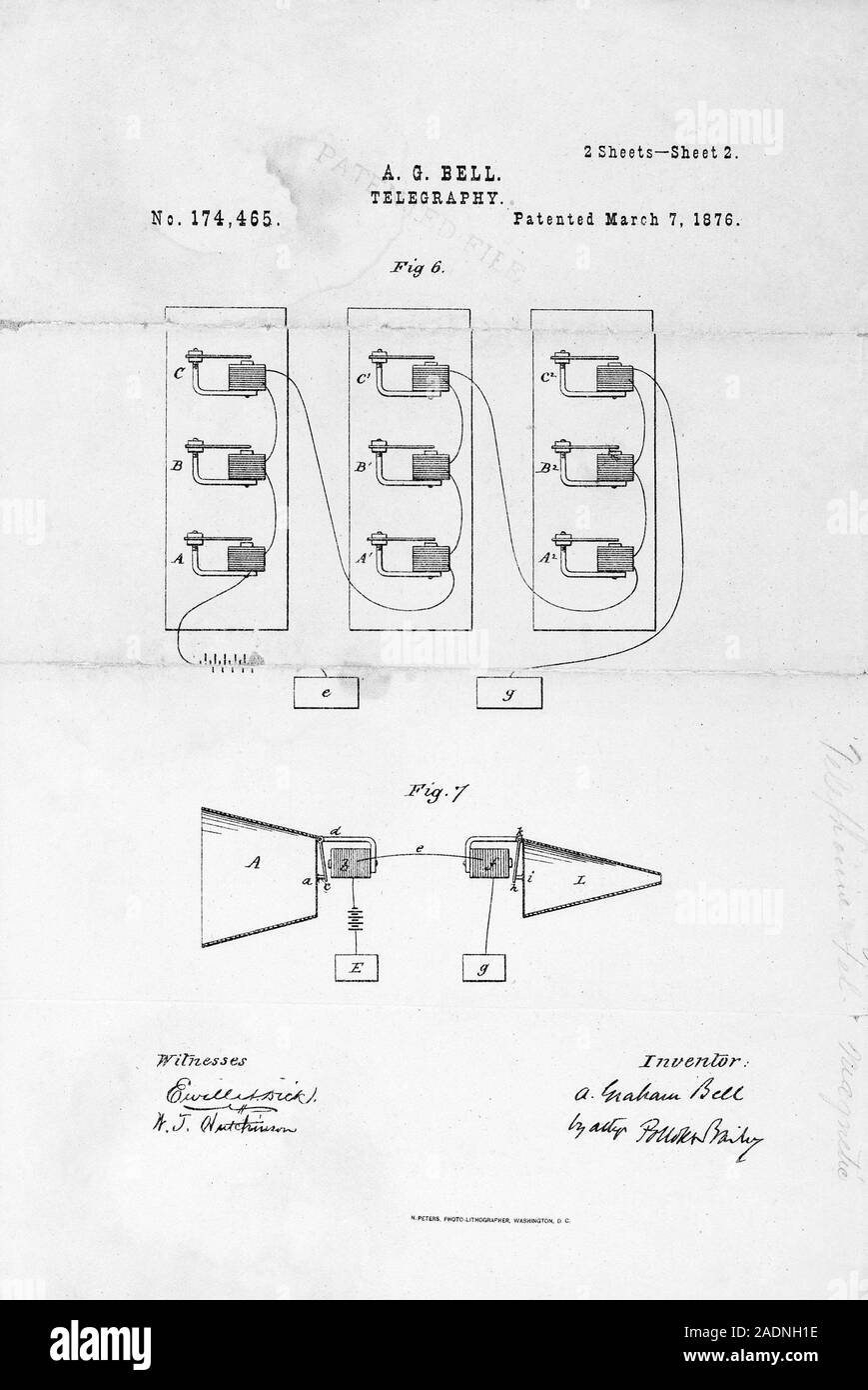 Bell's telephone patent. Printed patent drawings, dated 7th March 1876 ...