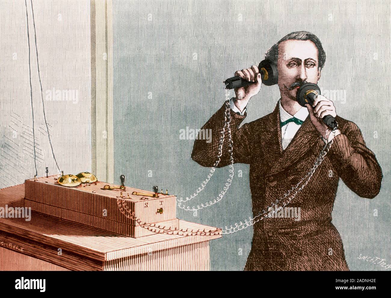Bell telephone. Historical artwork of a man using a Bell telephone. In ...