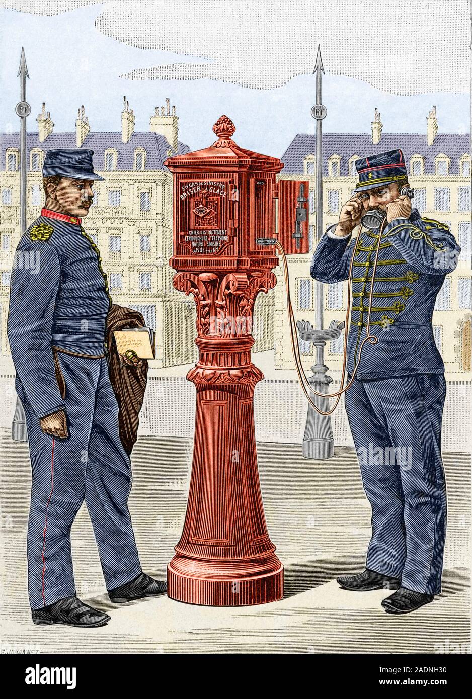 Early fire brigade alarm system. Historical artwork of a fireman ... Early fire brigade alarm system. Historical artwork of a fireman ...
