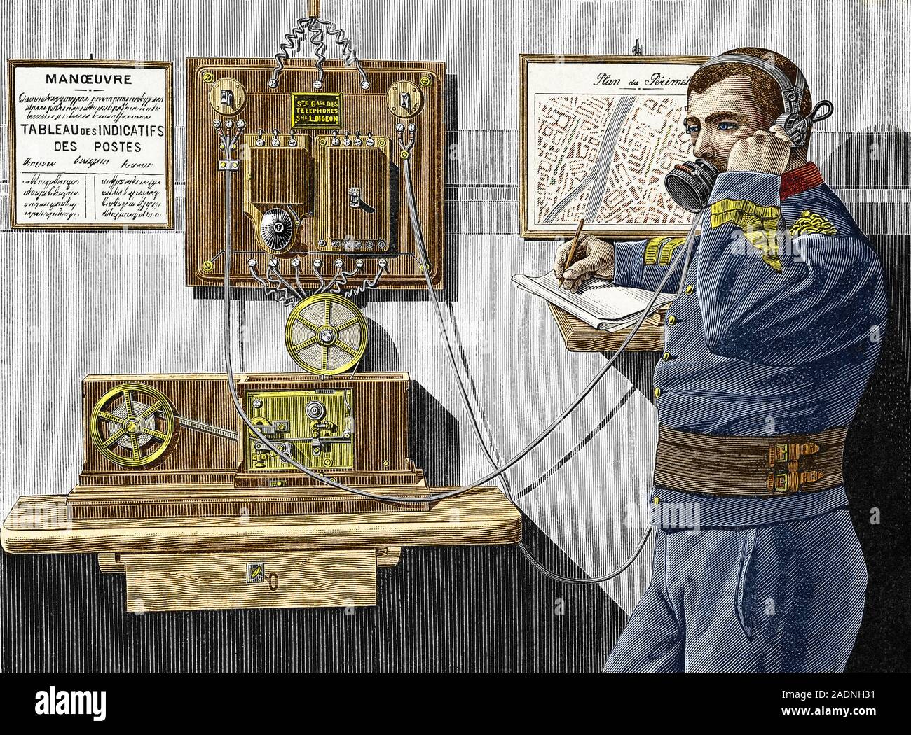 Early fire brigade alarm system. Historical artwork of a fireman ...
