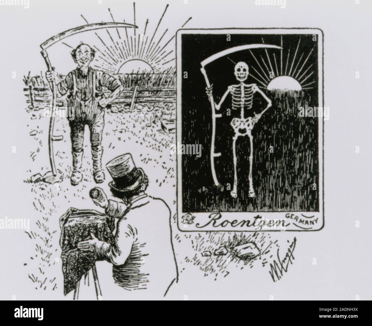Wilhelm Roentgen taking an X-ray. Cartoon of German physicist, Wilhelm ...