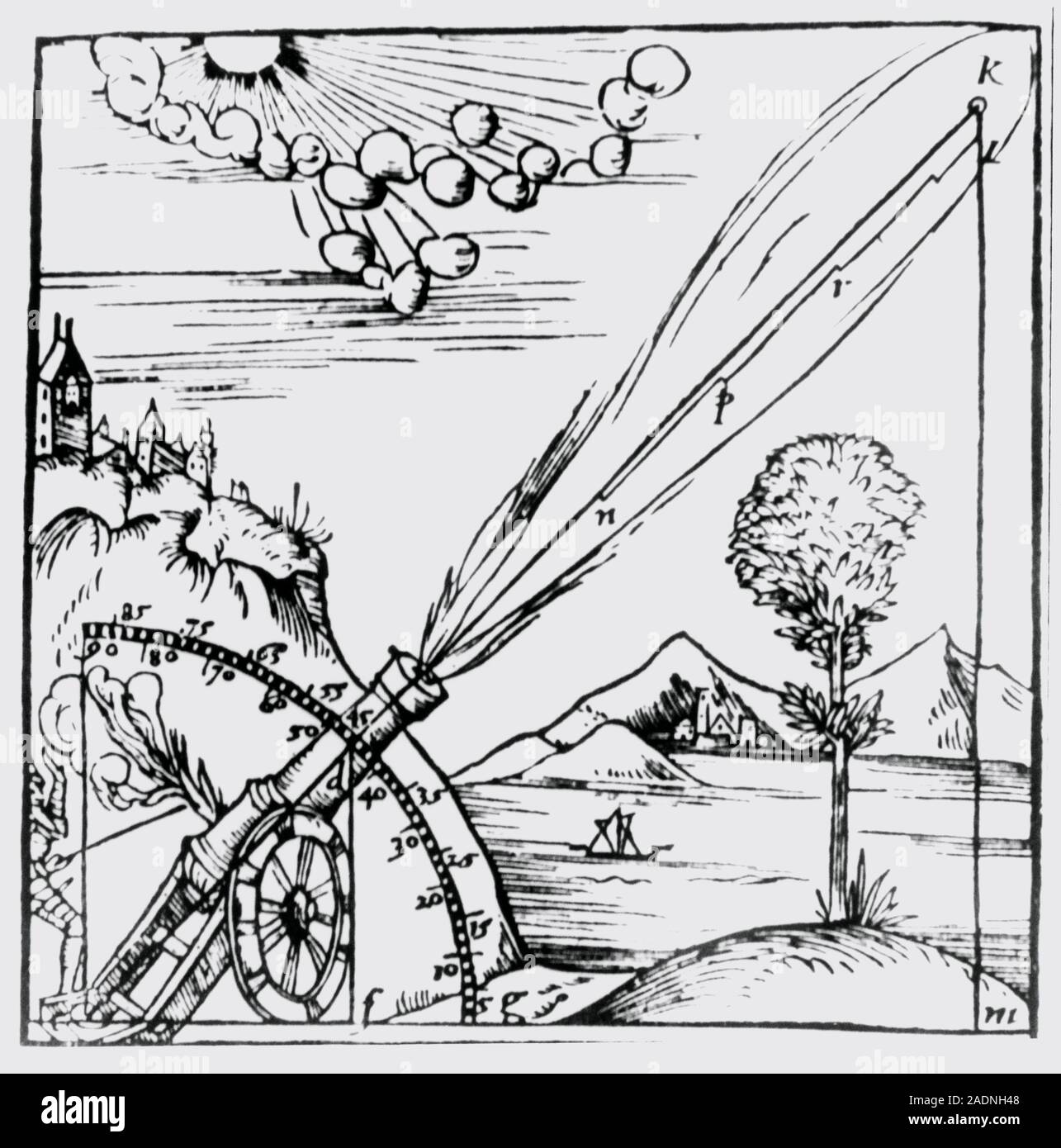 Missile trajectory. Historical fifteenth century artwork showing the ...