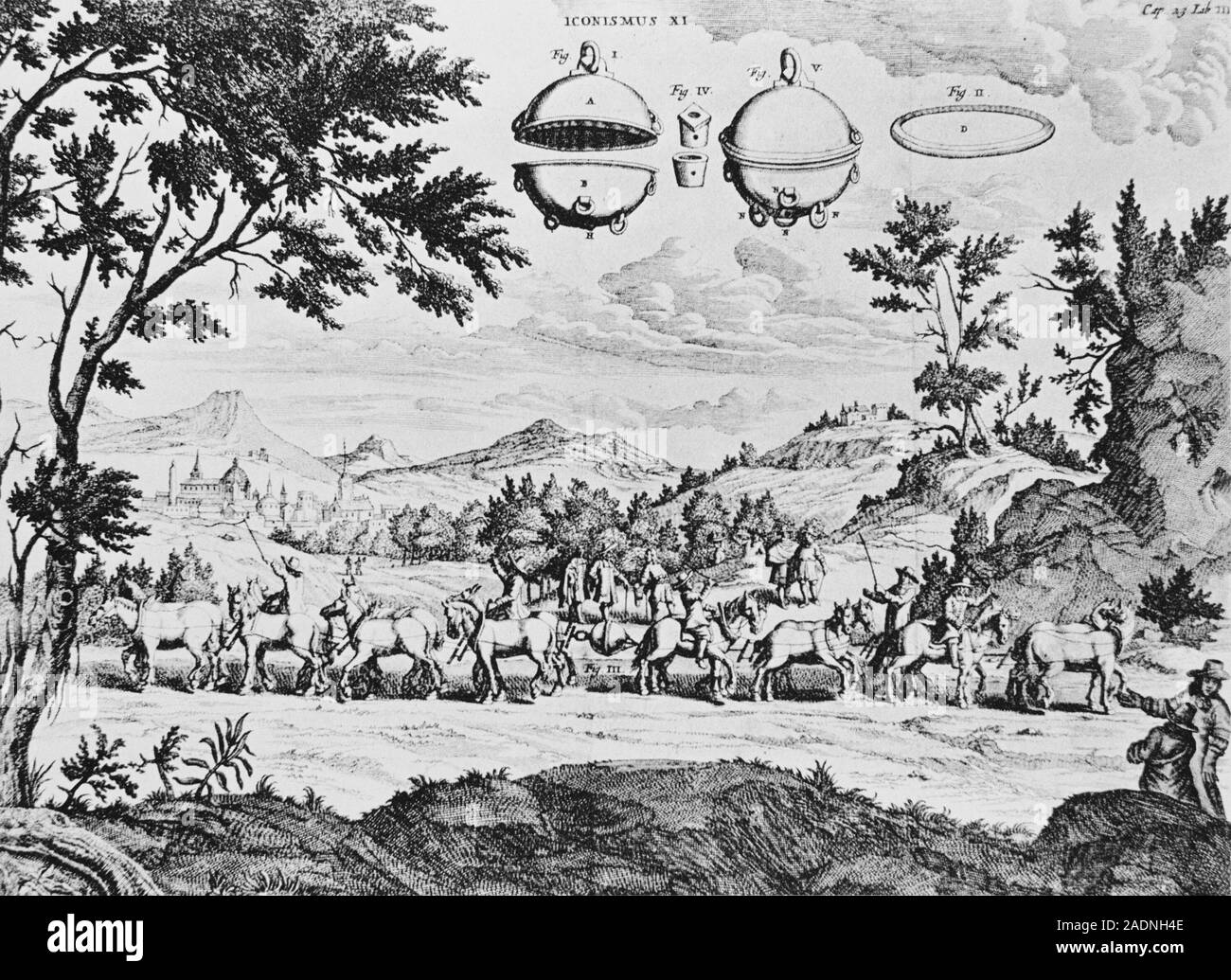 Magdeburg hemispheres experiment. Historical artwork of Otto von ...