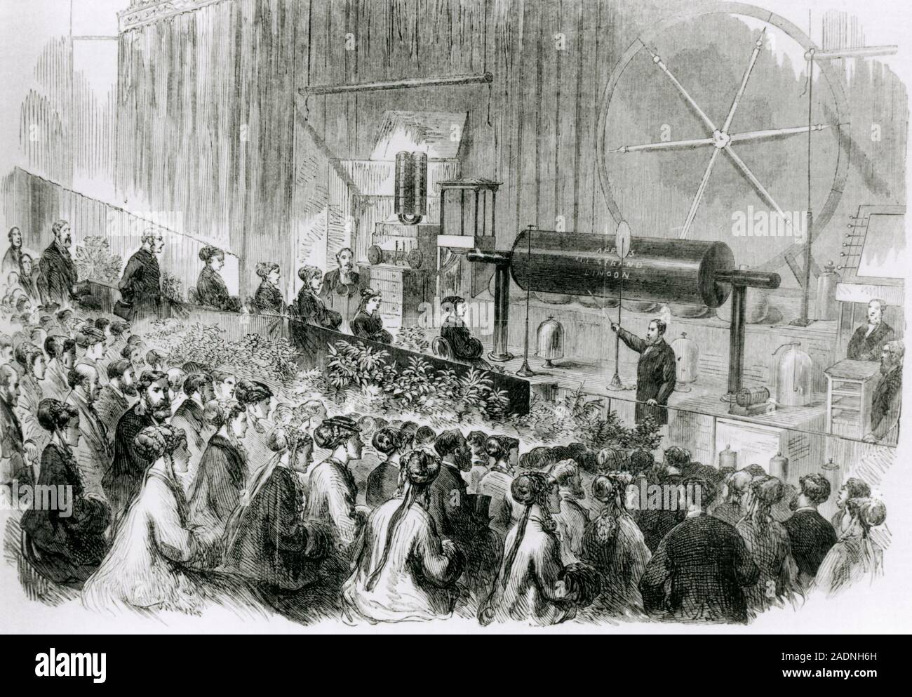 Electrical inductance. Engraving of a public dem- onstration of an ...