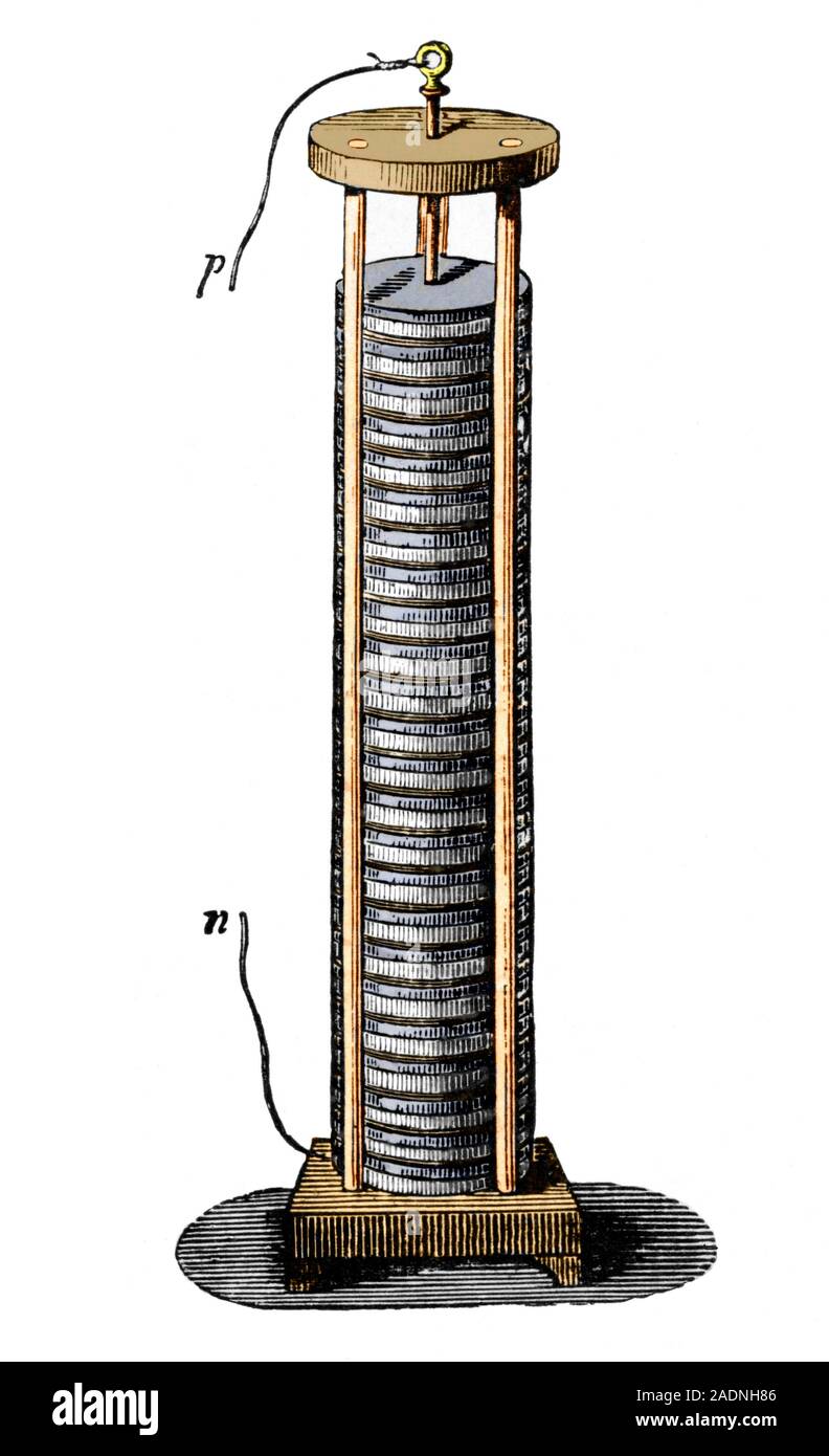 Early electric battery. Historical artwork of a voltaic pile, the first ...