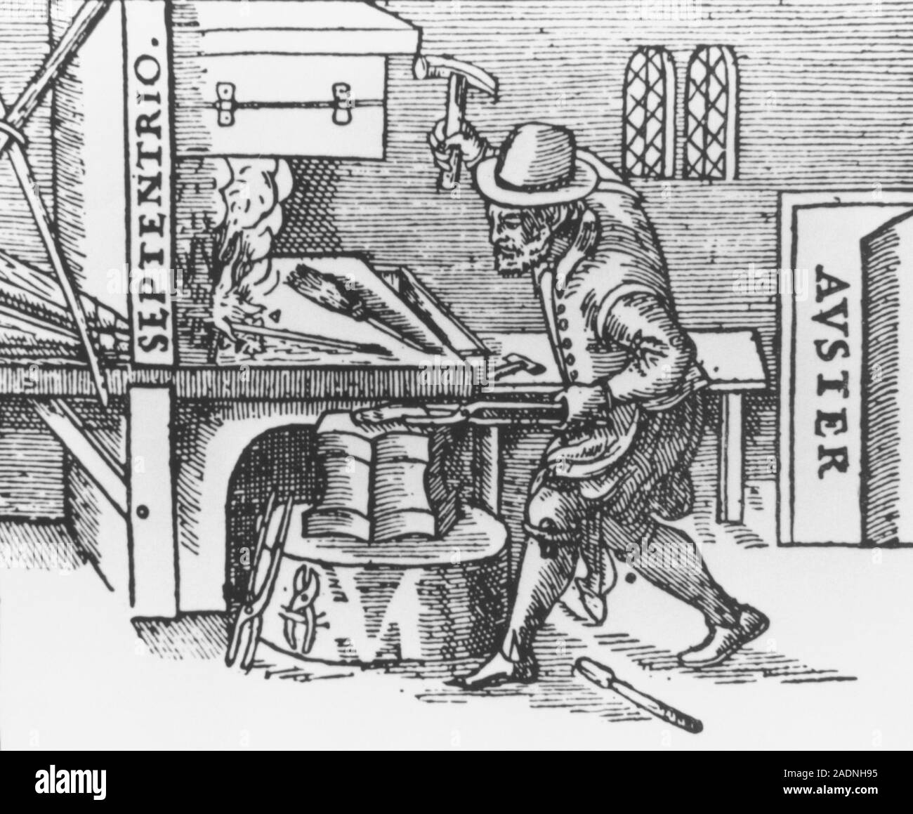 Making a magnet by hammering. Illustration from the book De Magnete by ...