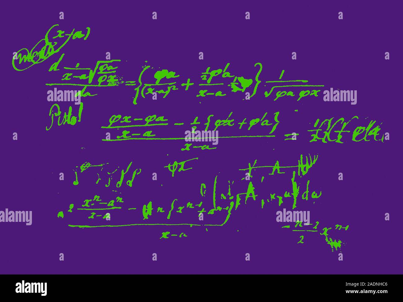 Mathematical equations. Coloured image of part of a page of a ...