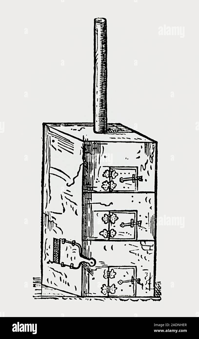 17th century furnace. Engraving of the furnace designed by the German ...