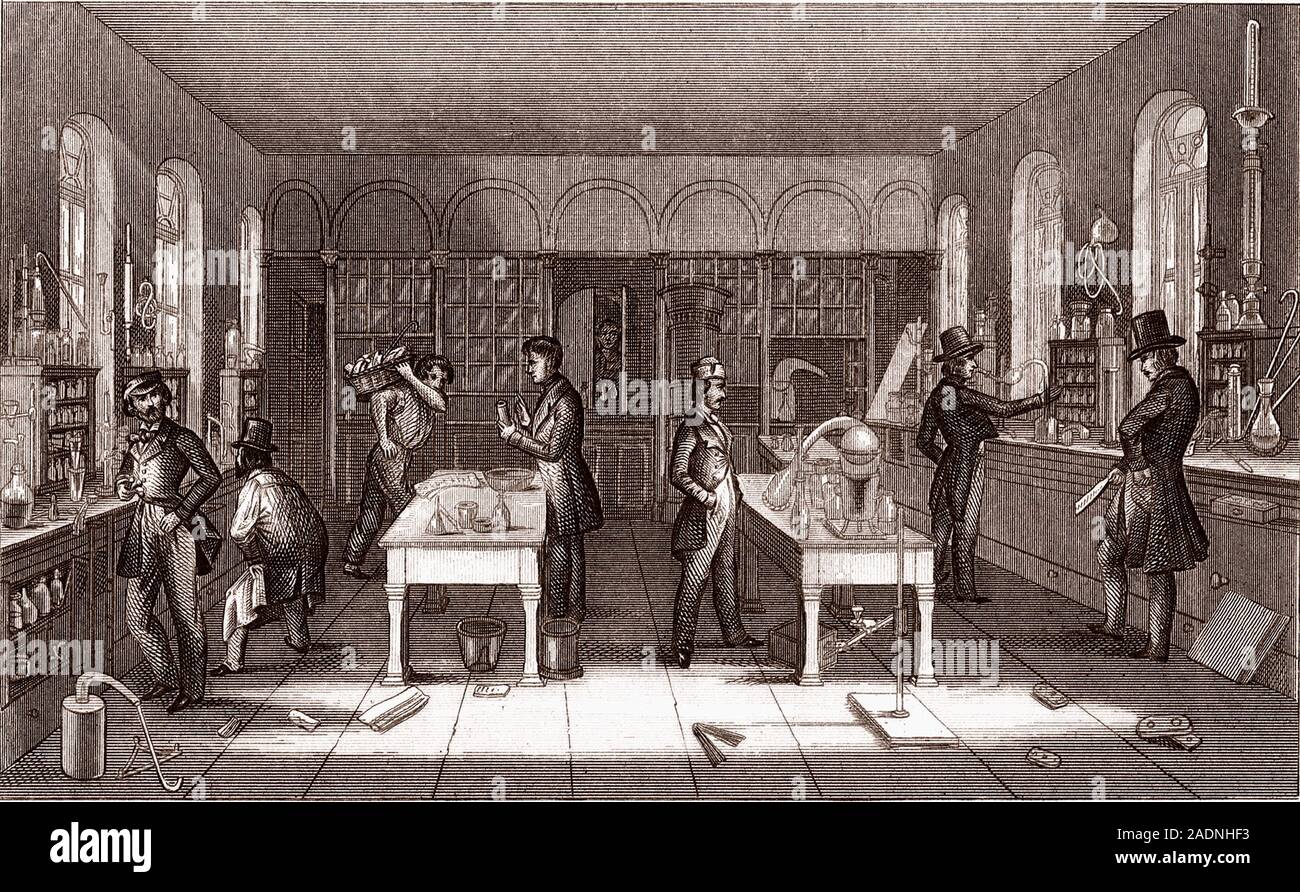 Chemistry laboratory. Historical artwork of a chemistry laboratory in ...