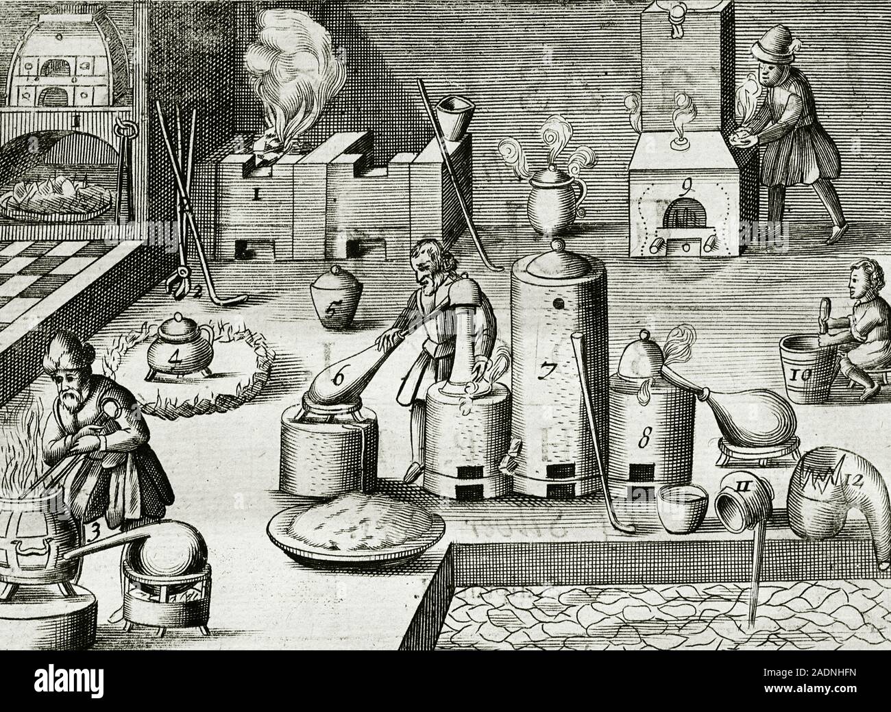 Silver purification. Historical engraving showing workers using various ...