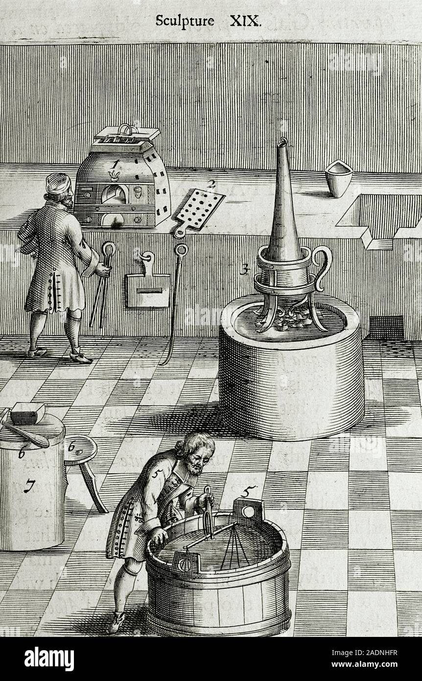 Silver assay. Historical engraving of an assayer and his assistant ...