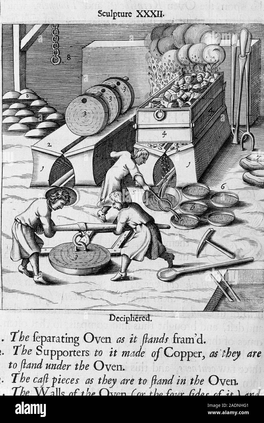 Silver extraction from copper. Historical engraving showing the ...