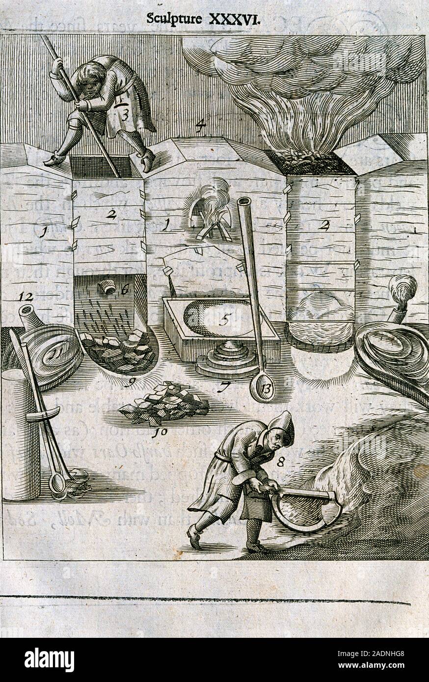 Lead extraction. Historical engraving of workers extracting lead from ...