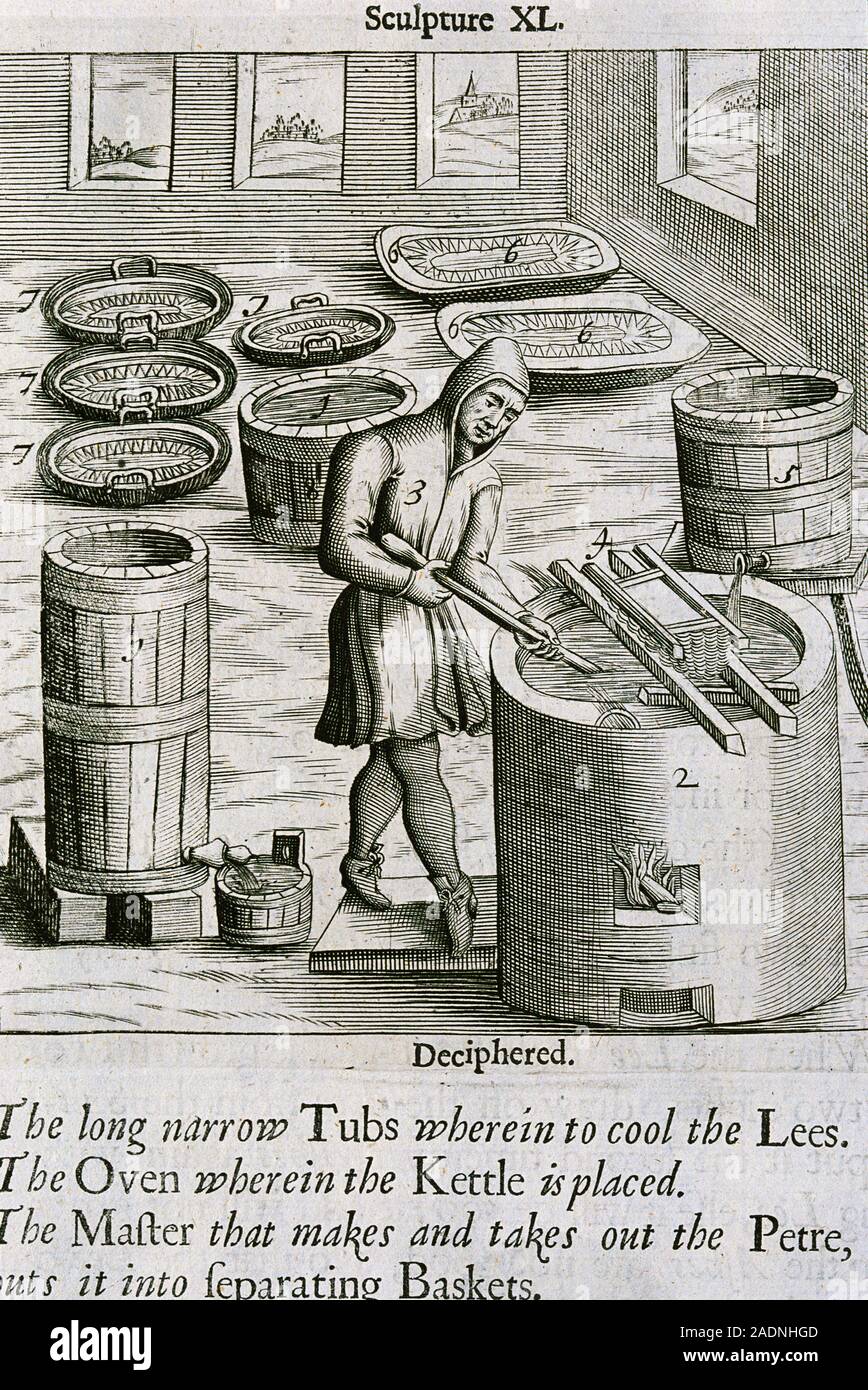 Crystallisation of saltpetre. Historical engraving of a worker ...