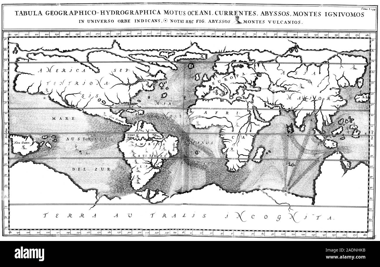 Kircher's geological world map. Map of the world showing geological ...