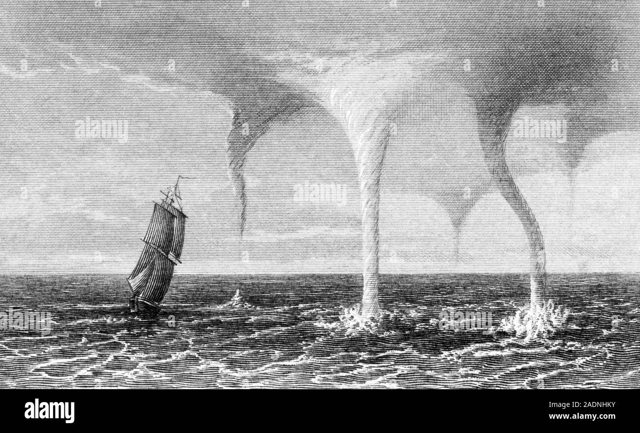 Waterspouts near a ship, historical artwork. Waterspouts form where a ...