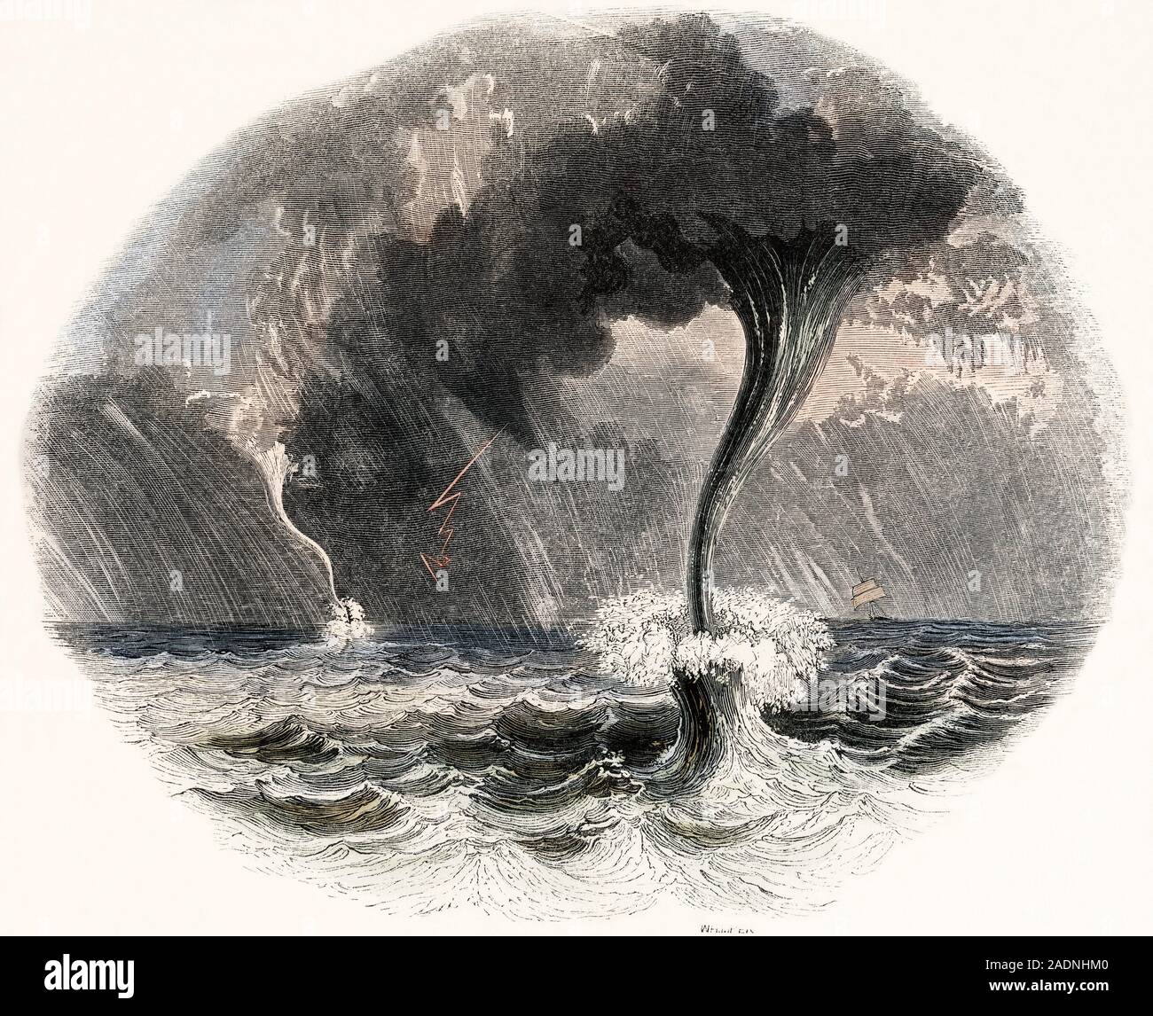 Waterspouts close to a ship, historical artwork. Waterspouts form where ...