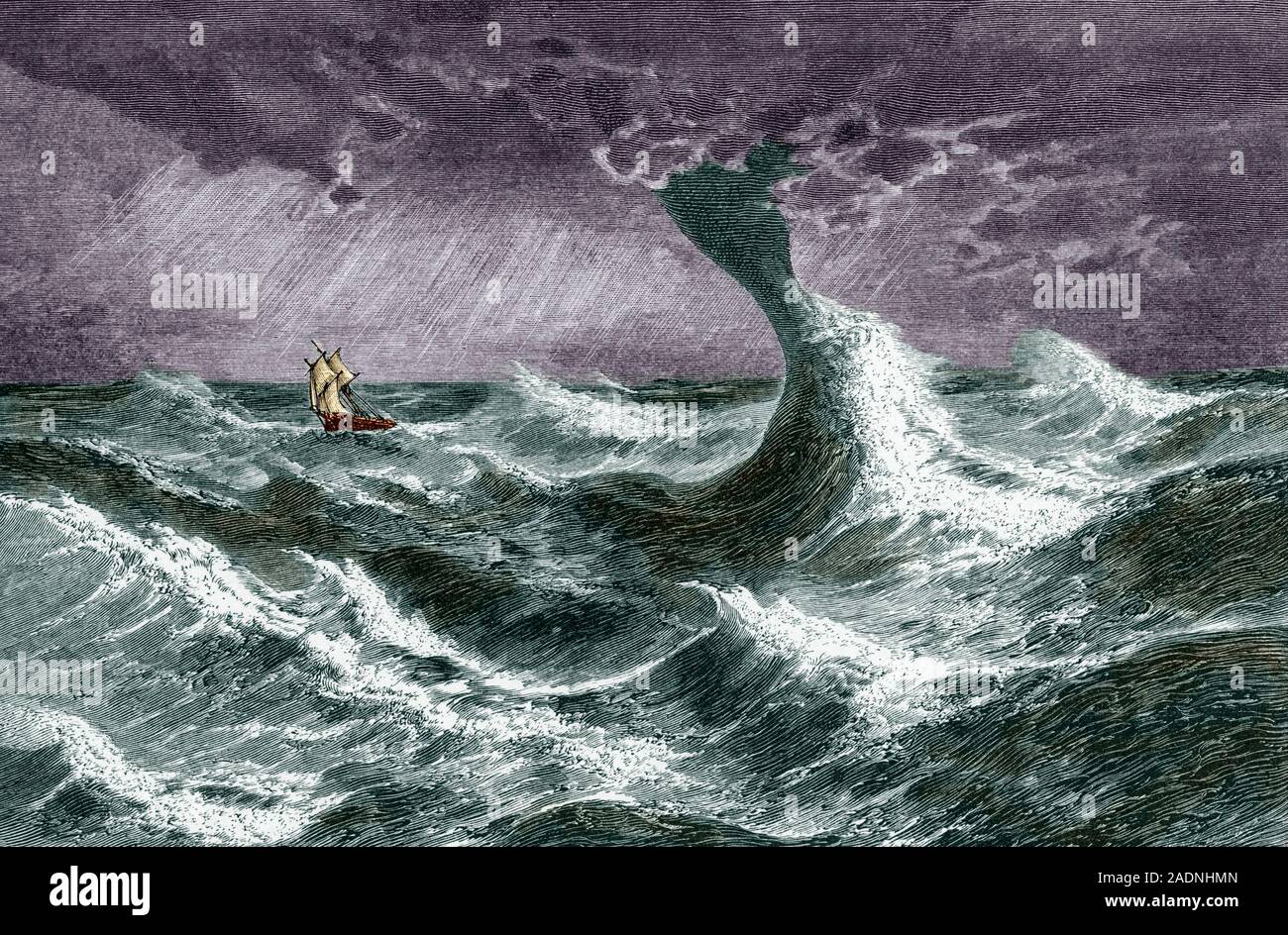 Waterspout. Coloured historical artwork of a waterspout threatening a ...