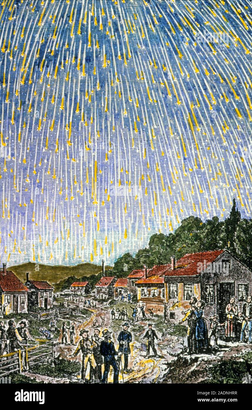 Leonid meteor shower. Coloured historical artwork of the spectacular ...