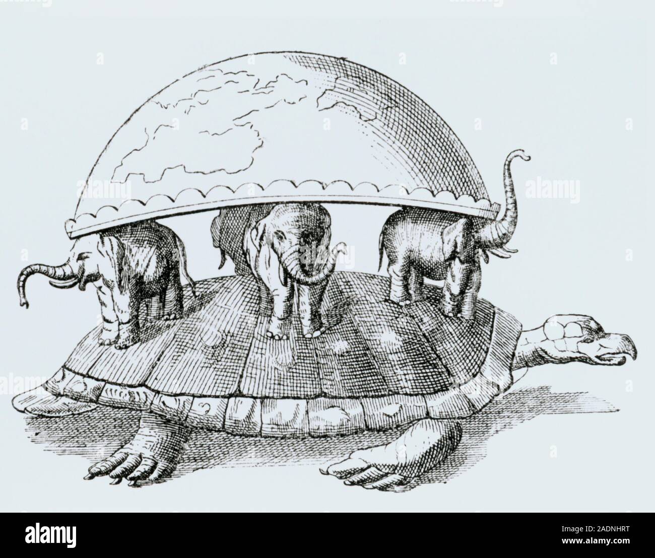 Earth & Universe. Historical engraving of an early Hindu idea of the ...