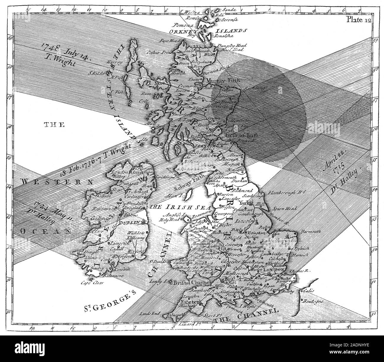 Solar eclipse paths. Historical map of the paths of four solar eclipses ...