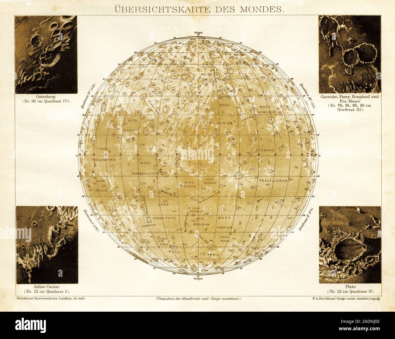 Map of the Moon, 1892. This lunar map shows the colouring of the ...
