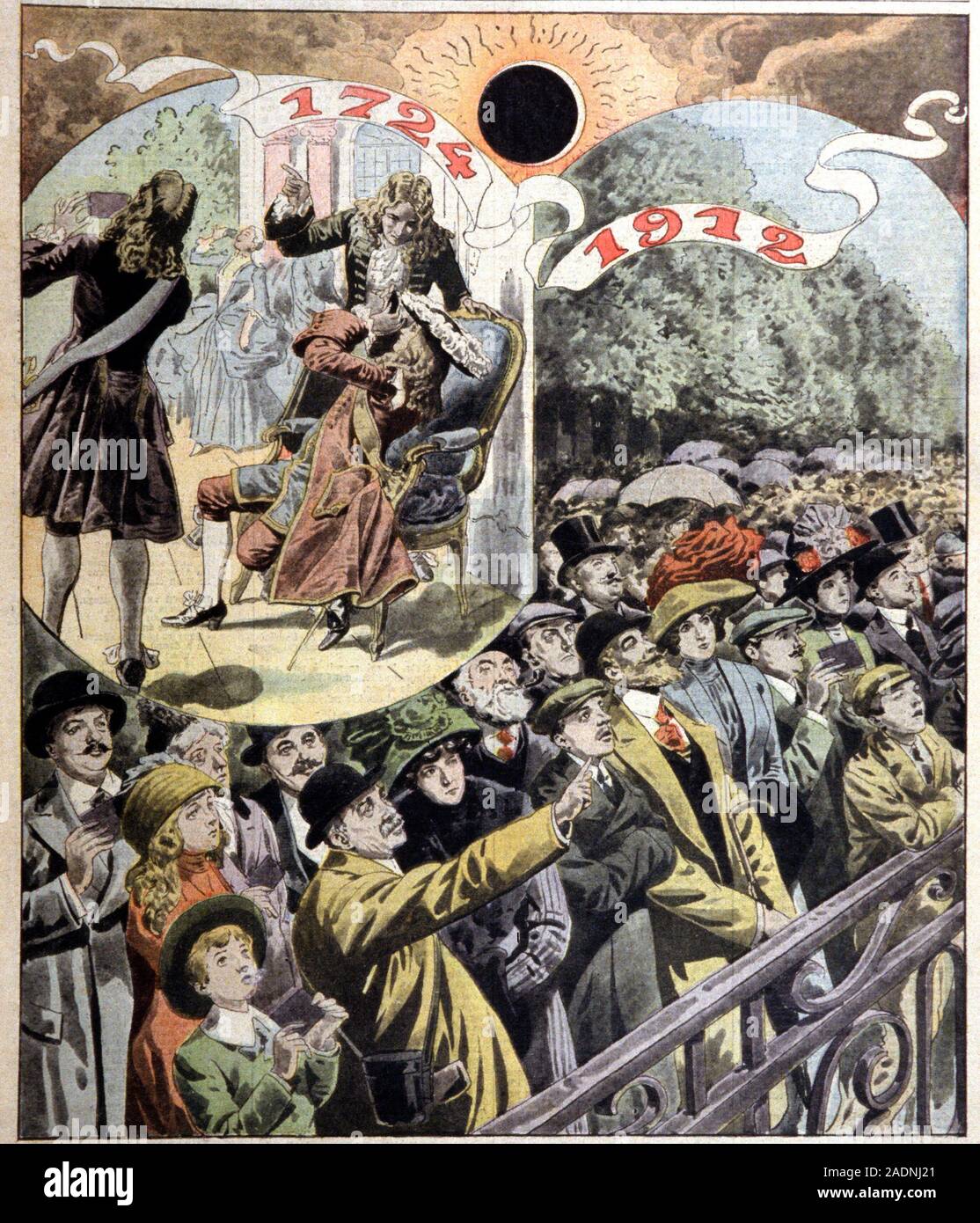 French solar eclipses of 1724 and 1912. Historical artwork of people ...
