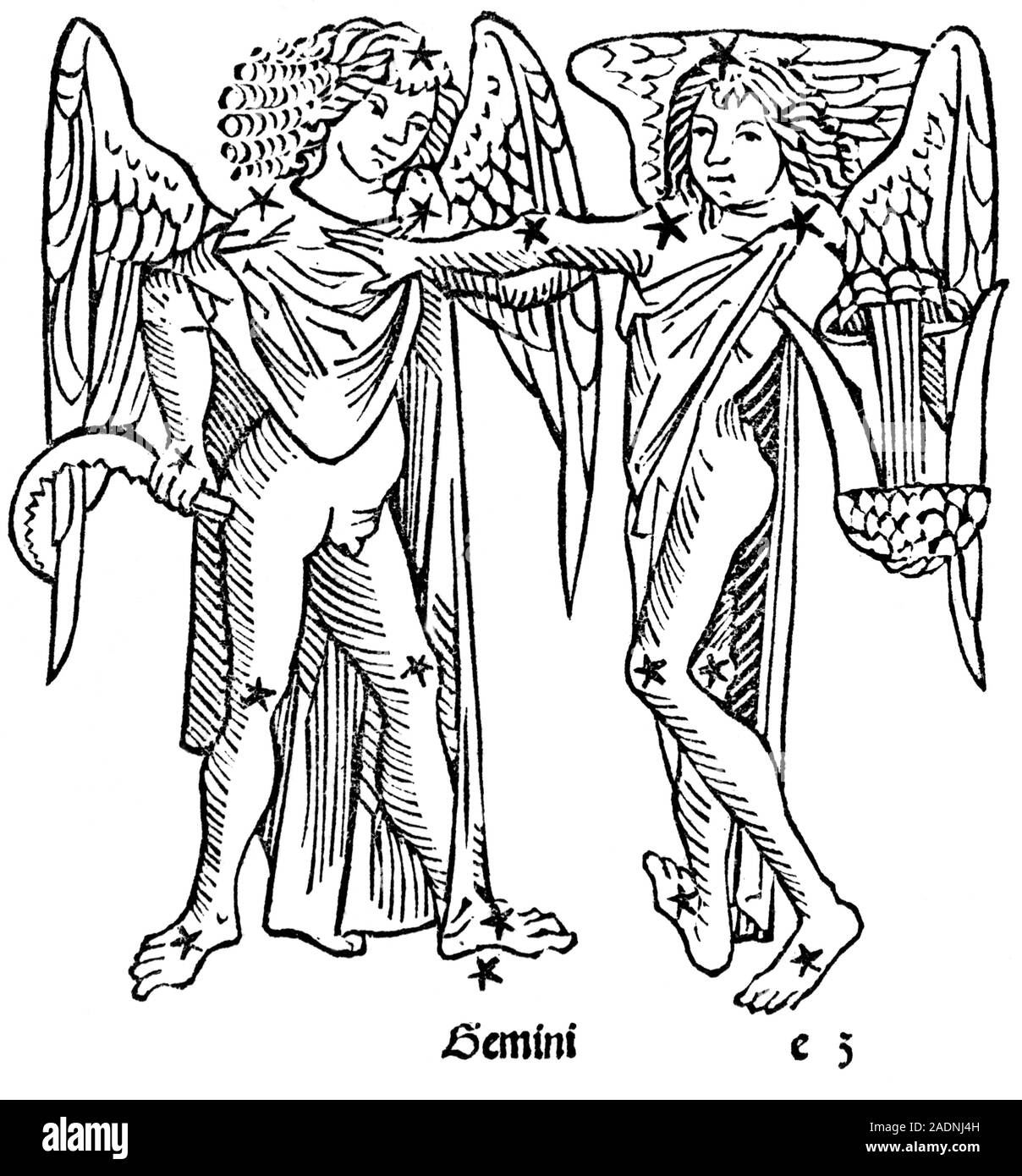 Gemini constellation, historical artwork. Engraving of the gemini twins Pollux (left) and Castor ...