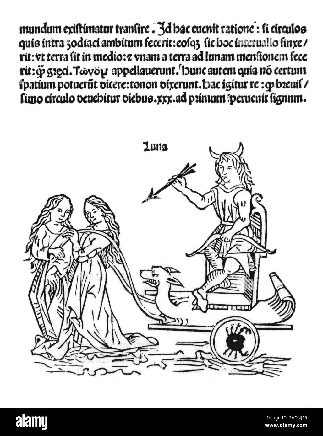 Moon, historical artwork. Engraving of the Moon (right) on a chariot ...