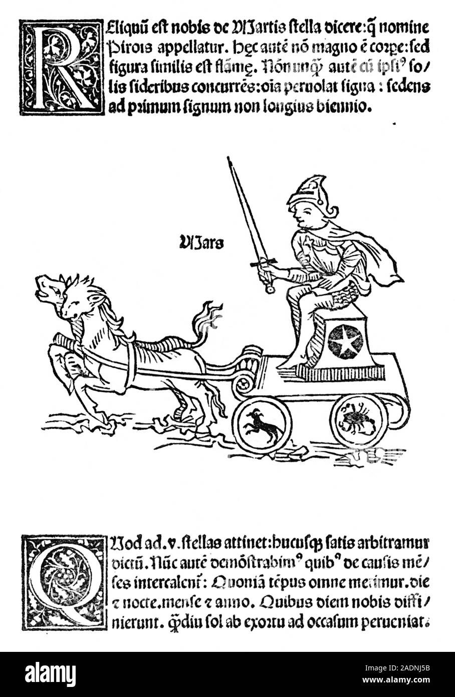 Mars, historical artwork. Engraving of Mars (right) on a chariot, with ...