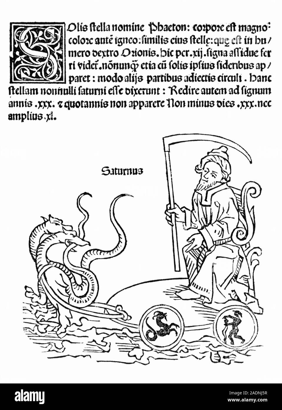 Saturn, historical artwork. Engraving of Saturn on a chariot, with ...