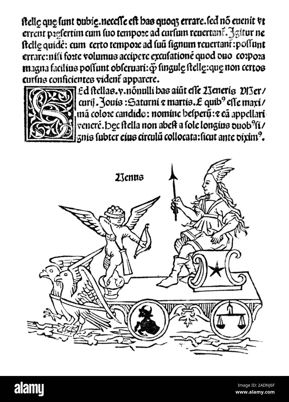 Venus, historical artwork. Engraving of Venus(right) on a chariot, with ...