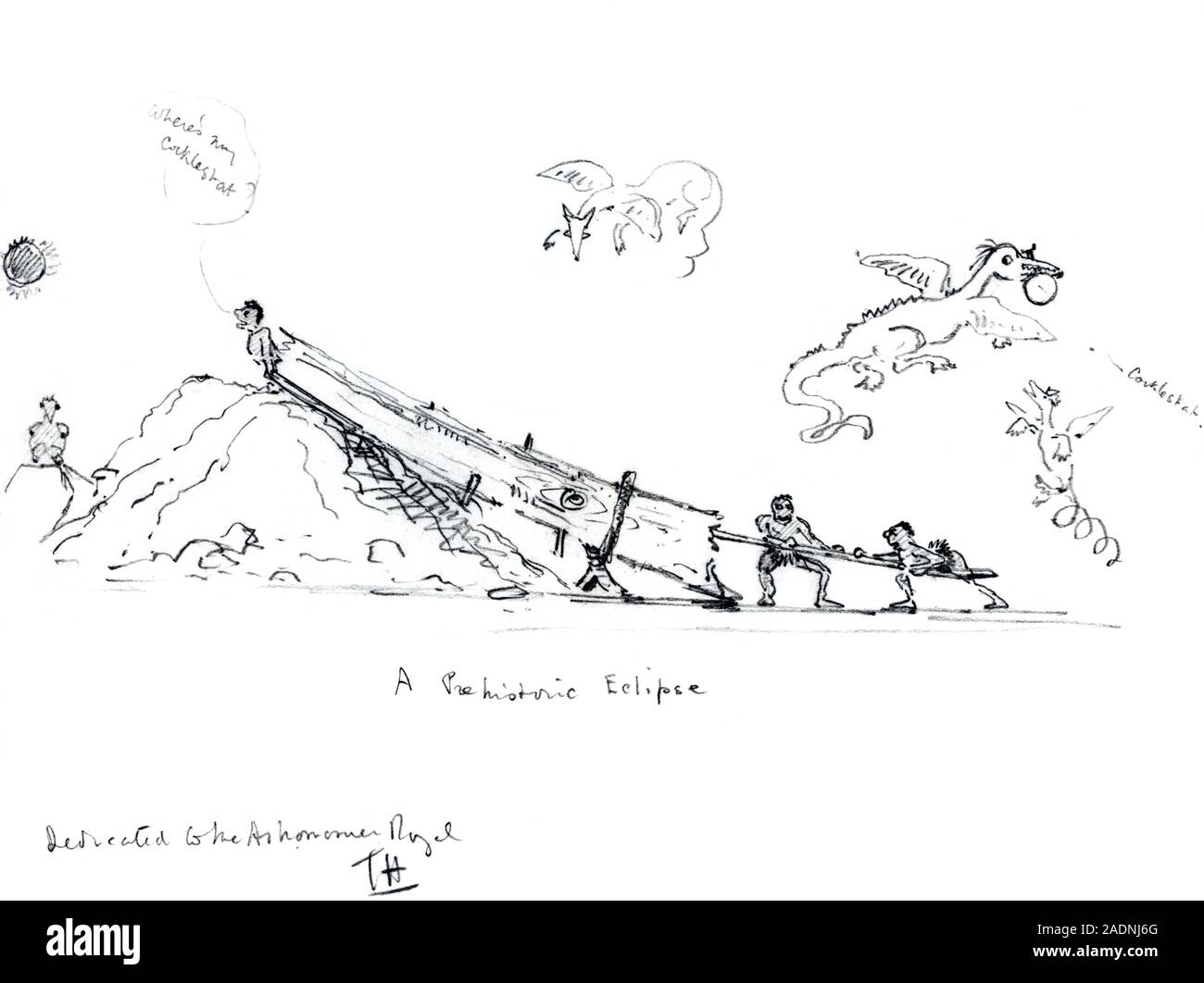 Cartoon of a prehistoric eclipse. Humourous cartoon of a telescope ...