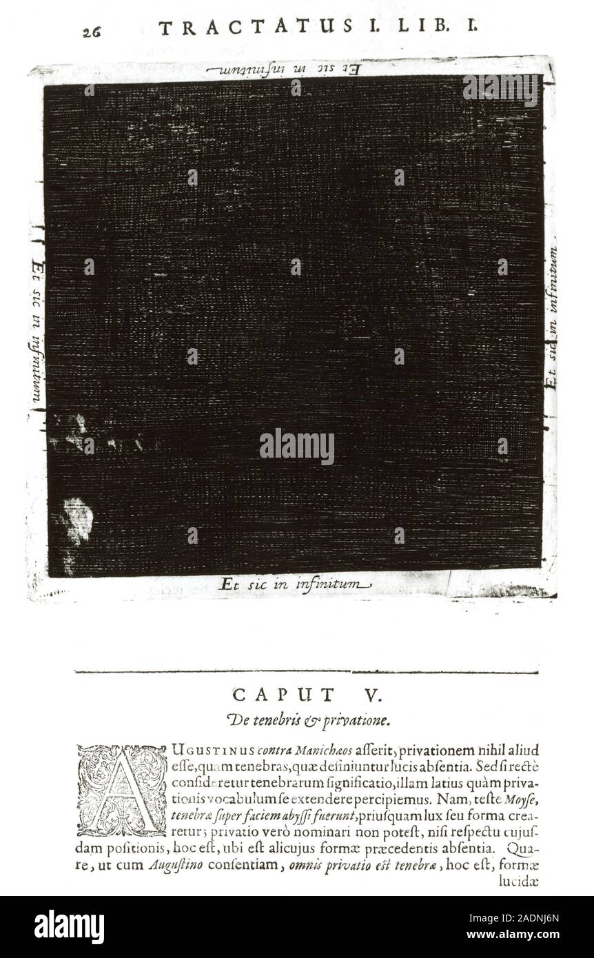 Dark universe, historical artwork. Engraving of a black square ...