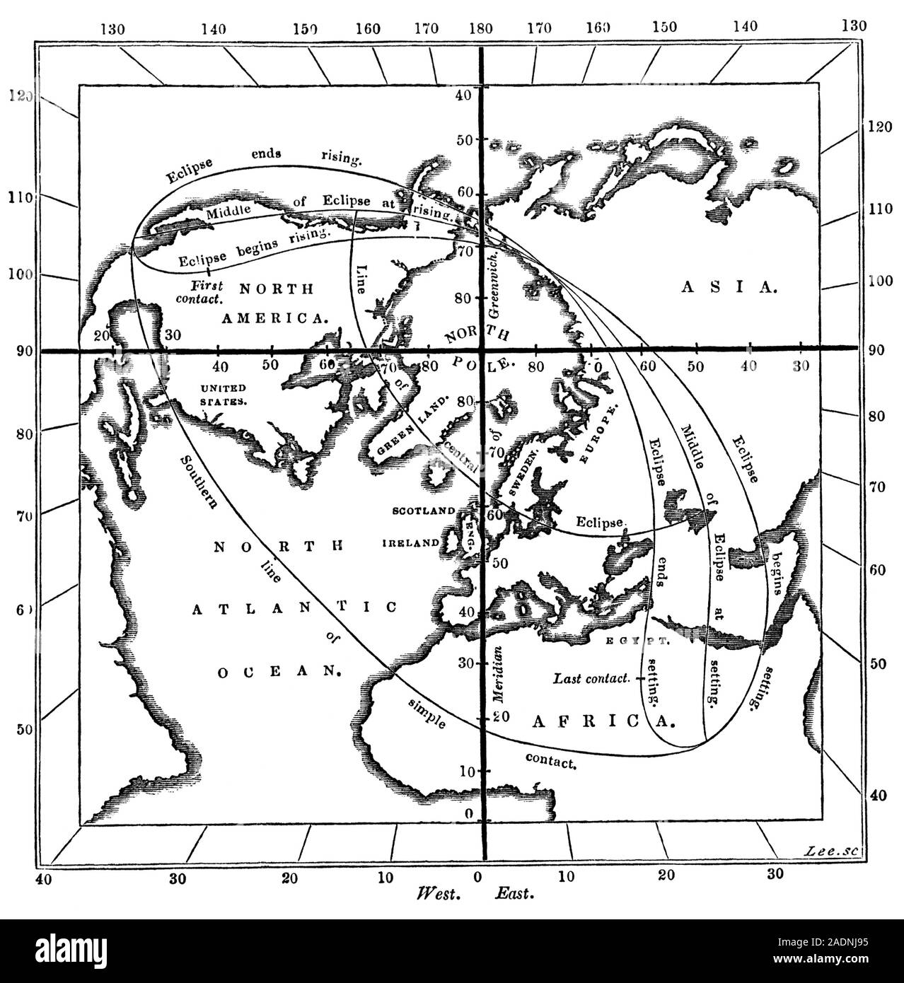 Total solar eclipse map, 1851. Diagram showing the ideal regions for ...