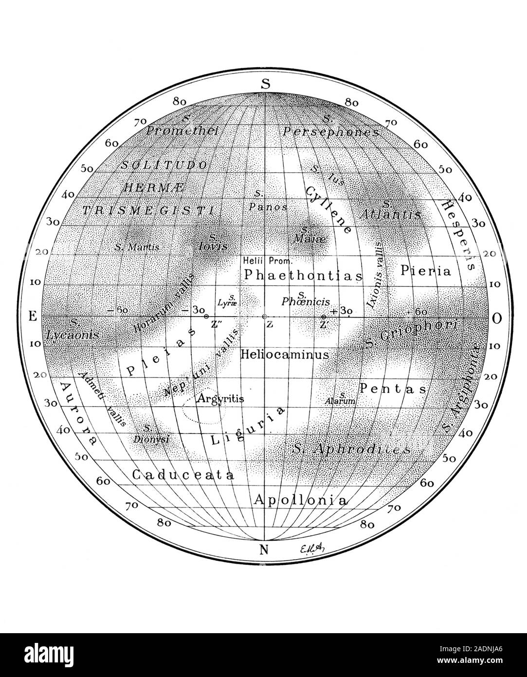 Map of Mercury, based on observations made in the 1920s by the Greek ...
