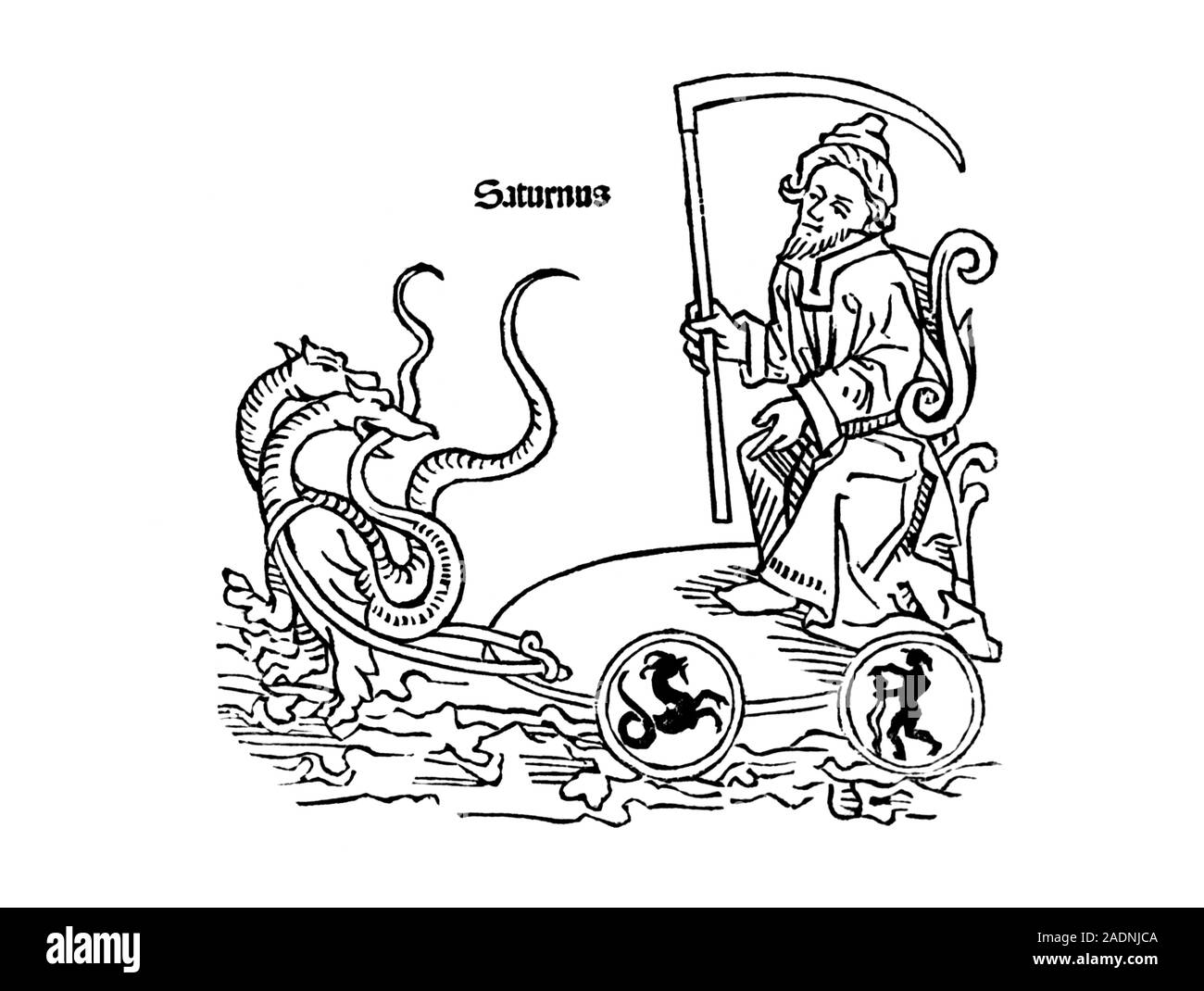Saturn, 15th century artwork. Engraving of Saturn on a chariot. Saturn ...