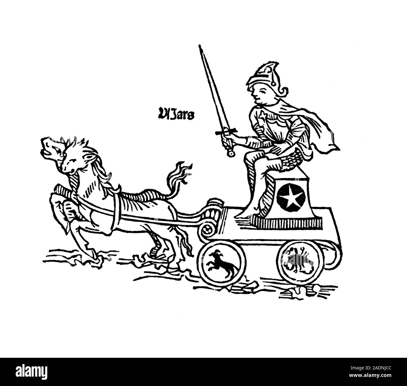 Mars, 15th century artwork. Engraving of Mars on a chariot. Mars was ...