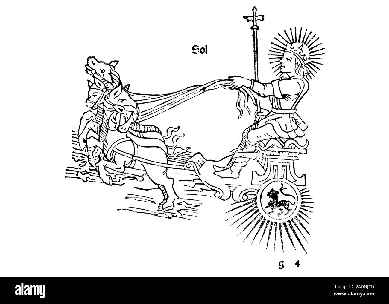 Sun, 15th century artwork. Engraving of the Sun on a chariot. The Sun ...