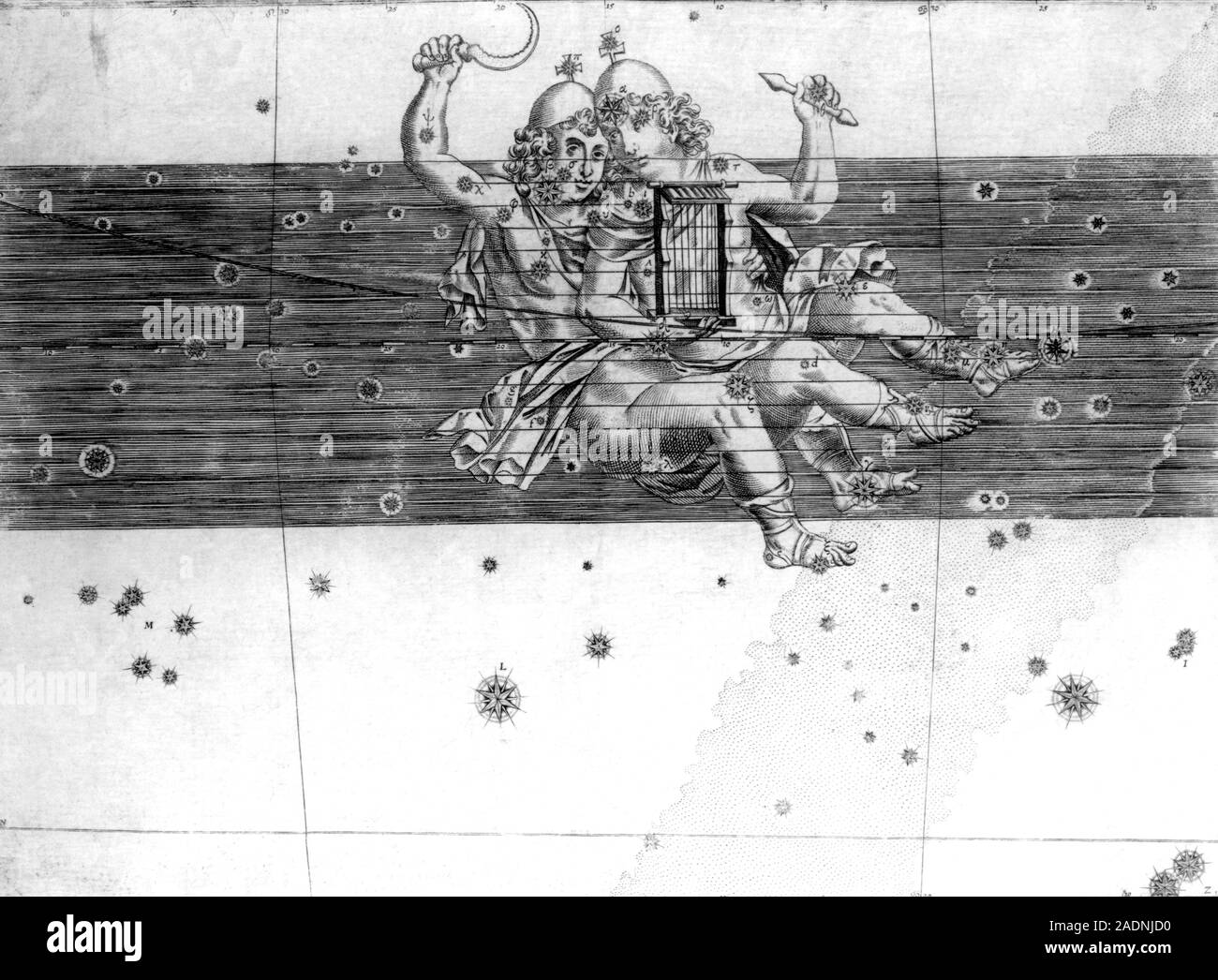 Gemini constellation. 17th century artwork of the Gemini twins Pollux (left) and Castor (right ...