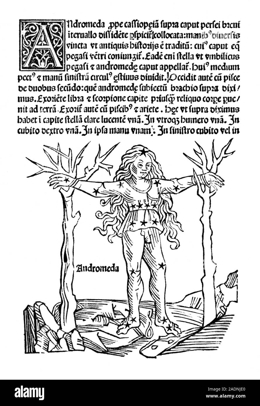 Andromeda constellation, 15th century artwork. Engraving of the ...