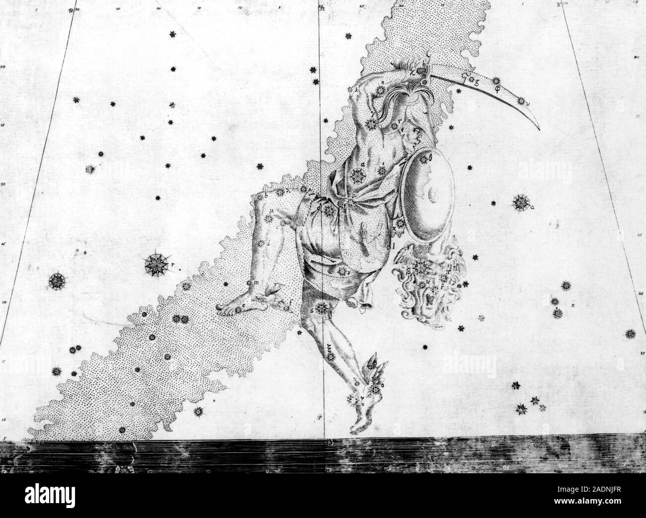 Perseus constellation. 17th century engraving of the Greek hero Perseus ...