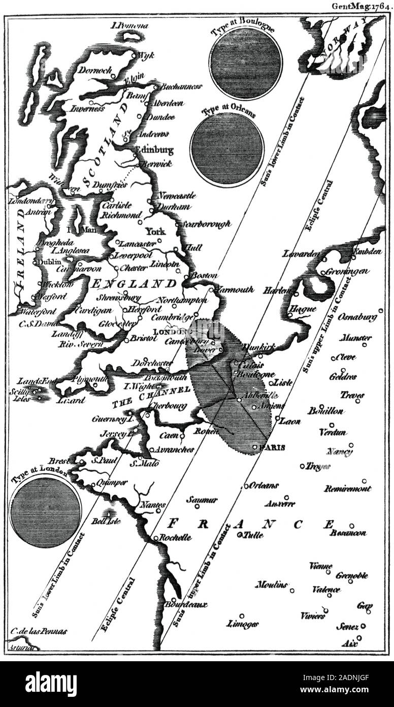 1764 solar eclipse. Historical map showing the path (track) of the ...