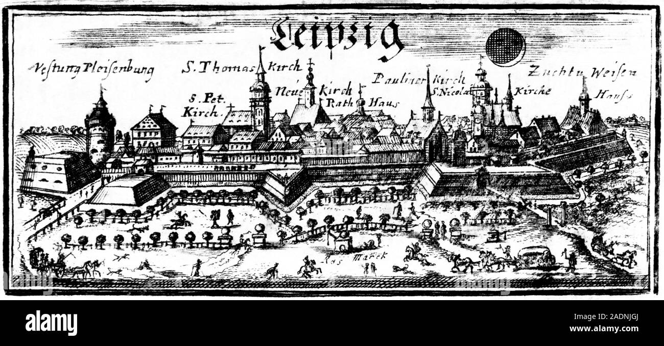 Leipzig during a solar eclipse. Historical artwork showing the city of ...