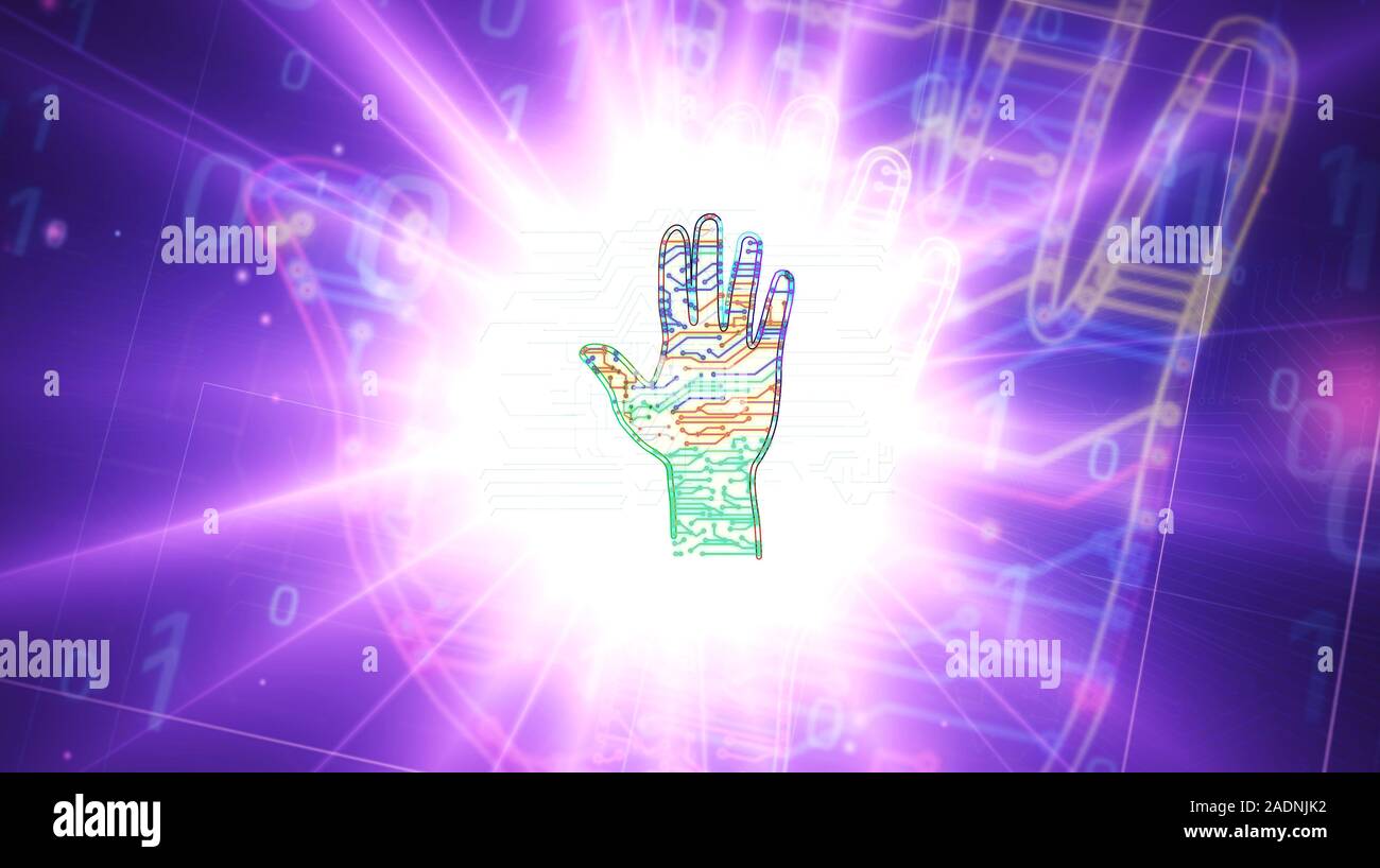 Cyber hand futuristic 3D rendering illustration. Abstract digital intro ...