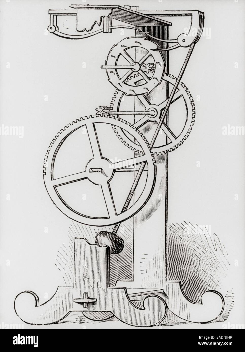 Galileo's pendulum clock. Engraving of the first pendulum clock ...