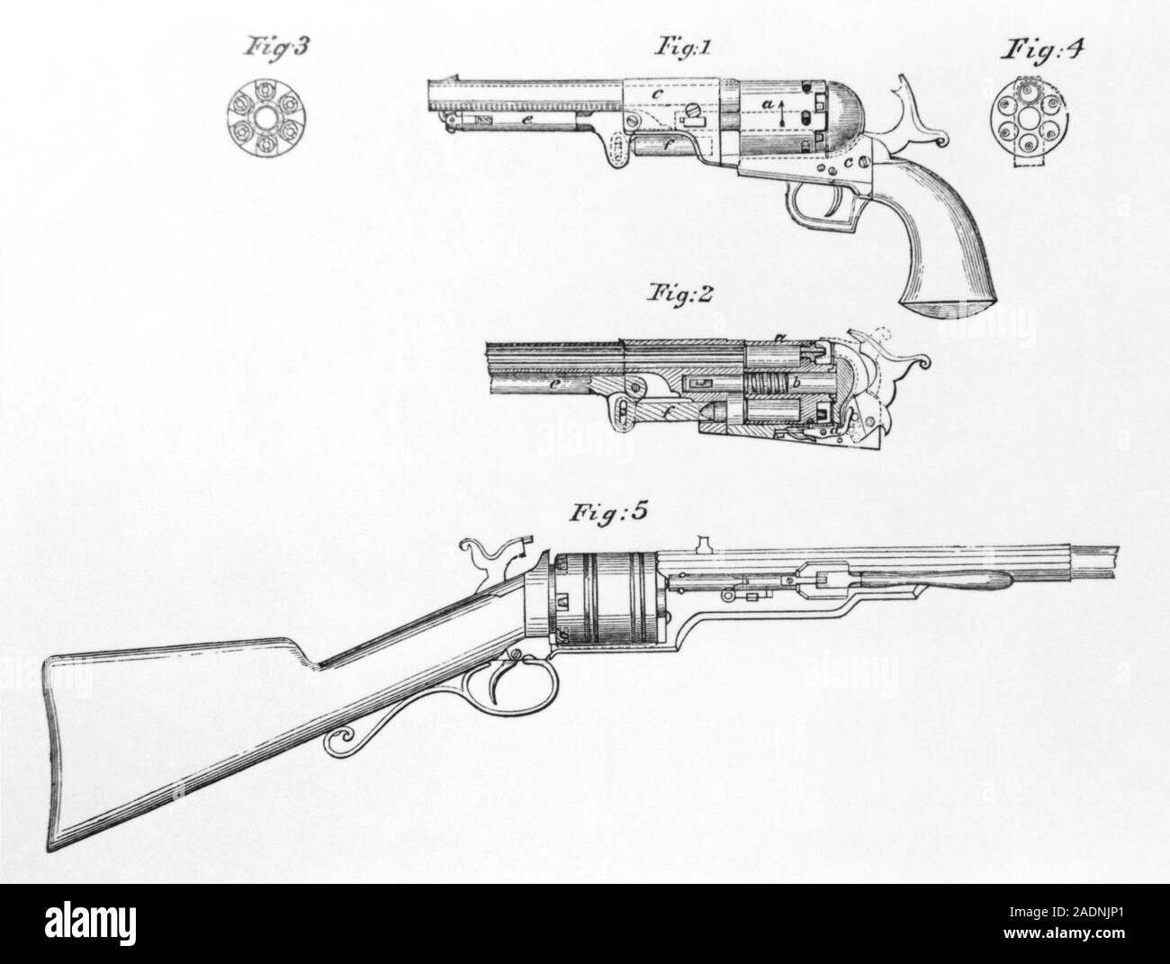 Guns. Illustration of handguns designed by the American inventor Samuel ...