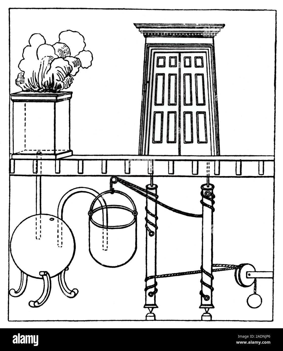 Door opening device. Diagram of a device designed by Hero of Alexandria ...