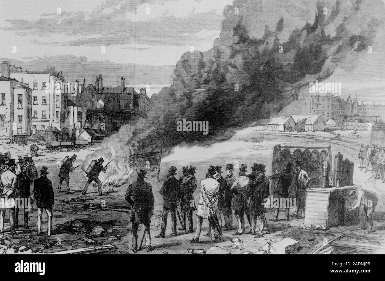 Fire extinguisher. Engraving of a public demonstration of portable fire ...